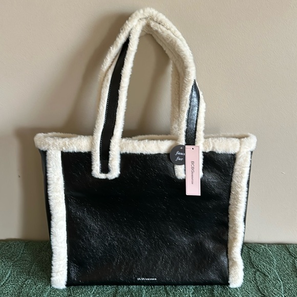 BCBGeneration | Bags | Bcbgeneration Faux Fur Tote Handbag Black Ivory ...
